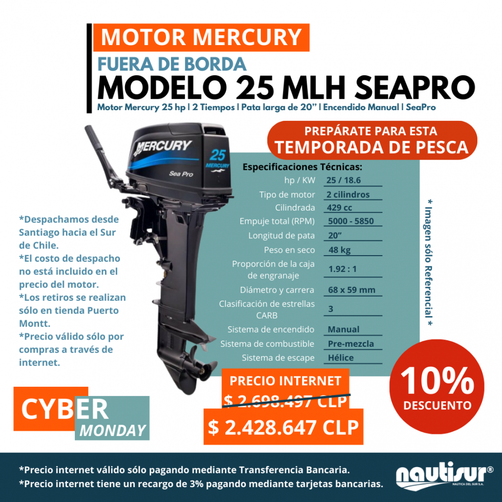 MOTOR MERCURY 25 MLH 2 TIEMPOS SEAPRO | Nautisur